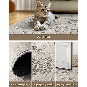 Disolla Washable Moroccan Area Rug 8x10ft for Living Room Bedroom Large Soft Indoor Decor Carpet Non Slip Distressed Neutral Low Pile Floor Rugs for Dining Room Office, Beige & Gray