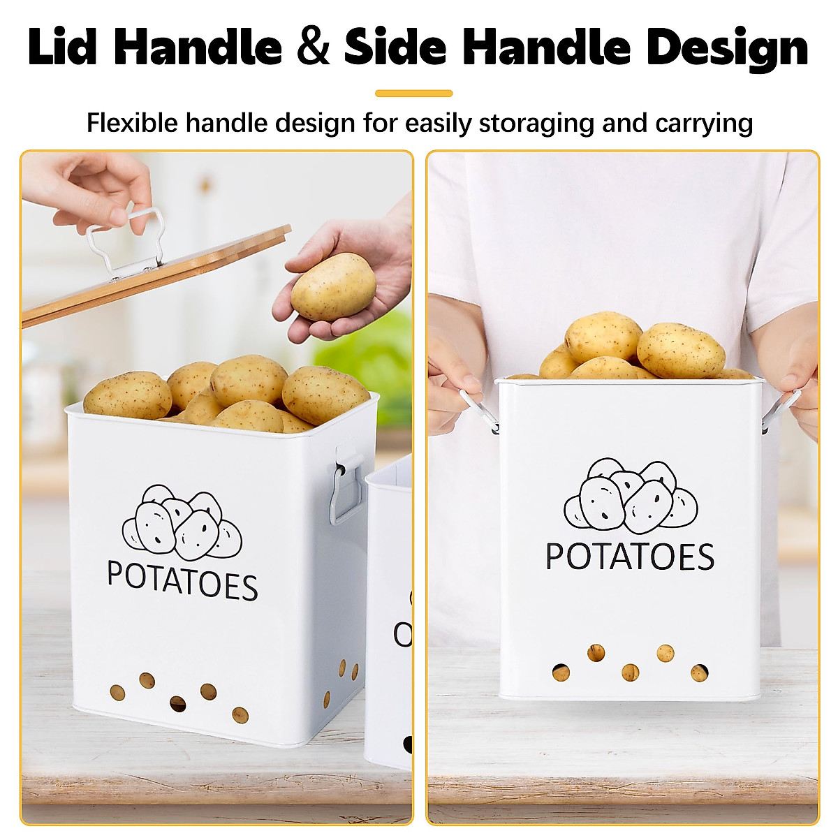 Potato and Onion Storage Bin, Set of 2 Vegetable Storage Tins with Wooden Lids & Side Handles, Dual-row Ventilation Holes, Farmhouse Metal Kitchen Canisters Sets, White