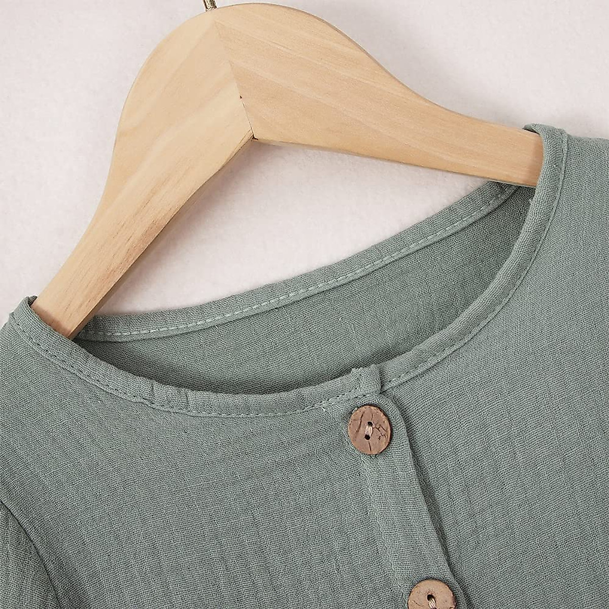 IZYJOY Toddler Baby Girl Cotton Linen Dress Long Sleeve Crew Neck Dresses Button Down Adjustable Belt Casual Fall White Dress (Green, 2-3T)