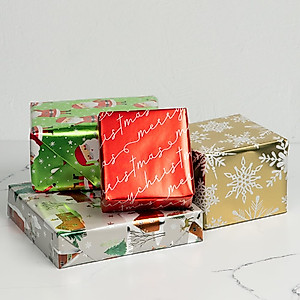JAMPaper Assorted Gift Wrap - Christmas Foil Wrapping Paper - 100 Sq Ft Total - Elegant Merry Christmas Reindeer Set - 4 Rolls/Pack