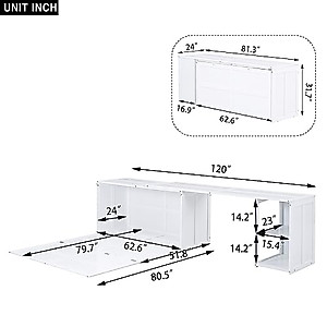 DNChuan Murphy Bed Queen Size with Rotable Desk and 2 Tiers Storage Cabinet,Pine Wood and Foldable Platform Bed Frame,White
