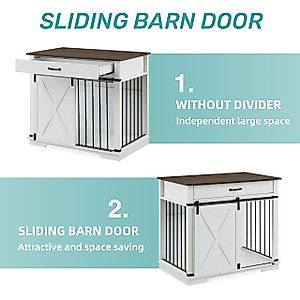 EDYO LIVING 38" Large Dog Crate Furniture with Sliding Barn Door, Wooden Dog Kennel with Drawer for Storage, Water Resistant Indoor Furniture Style Dog Crate for Small/Medium/Large Dog, White