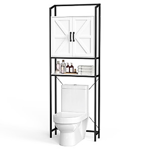 HAUXITIO Over The Toilet Storage Cabinet - Home Space Saving Toilet Rack, Farmhouse Above Toilet Shelf Organizer with Barn Doors for Bathroom, Laundry, Balcony