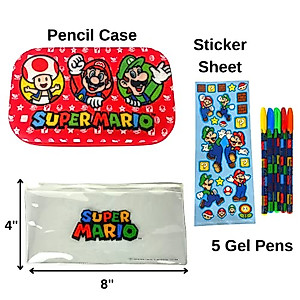 Innovative Designs Super Mario Pencil Case Set with Stickers and Gel Pens for Kids, Molded with Zip Closure, Red