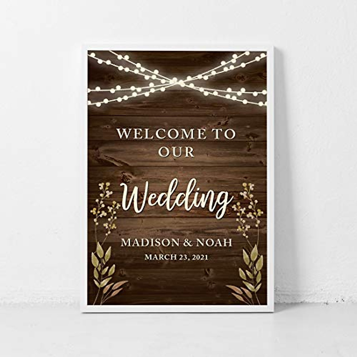 Andaz Press Personalized Extra Large Wedding Easel Board Party Sign, 12x18-inch, Rustic Wood with Hanging Ball Lights and Florals, Welcome to Our Wedding Bride Groom Name Date, 1-Pack, Custom