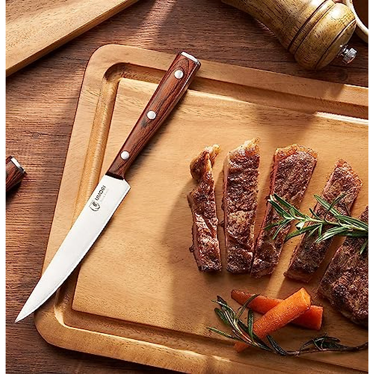 UMOGI Premium Steak Knives Set of 6 in Gift Box - Polished Wood Handle, HC German Stainless Steel, Straight Edge Non Serrated - 4.8''Dinner Knife, Kitchen Tableware Knives Cutlery Set