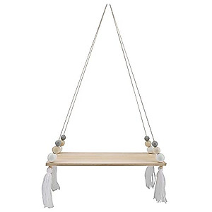 FIYO Wall Hanging Shelf, Wall Hanging Rack Wall Hanging Round Beads Shelf Storage Rack DIY Wooden Shelf Natural Light Reclaimed Triangle Floating Plant Aesthetic Decor (White Gray)