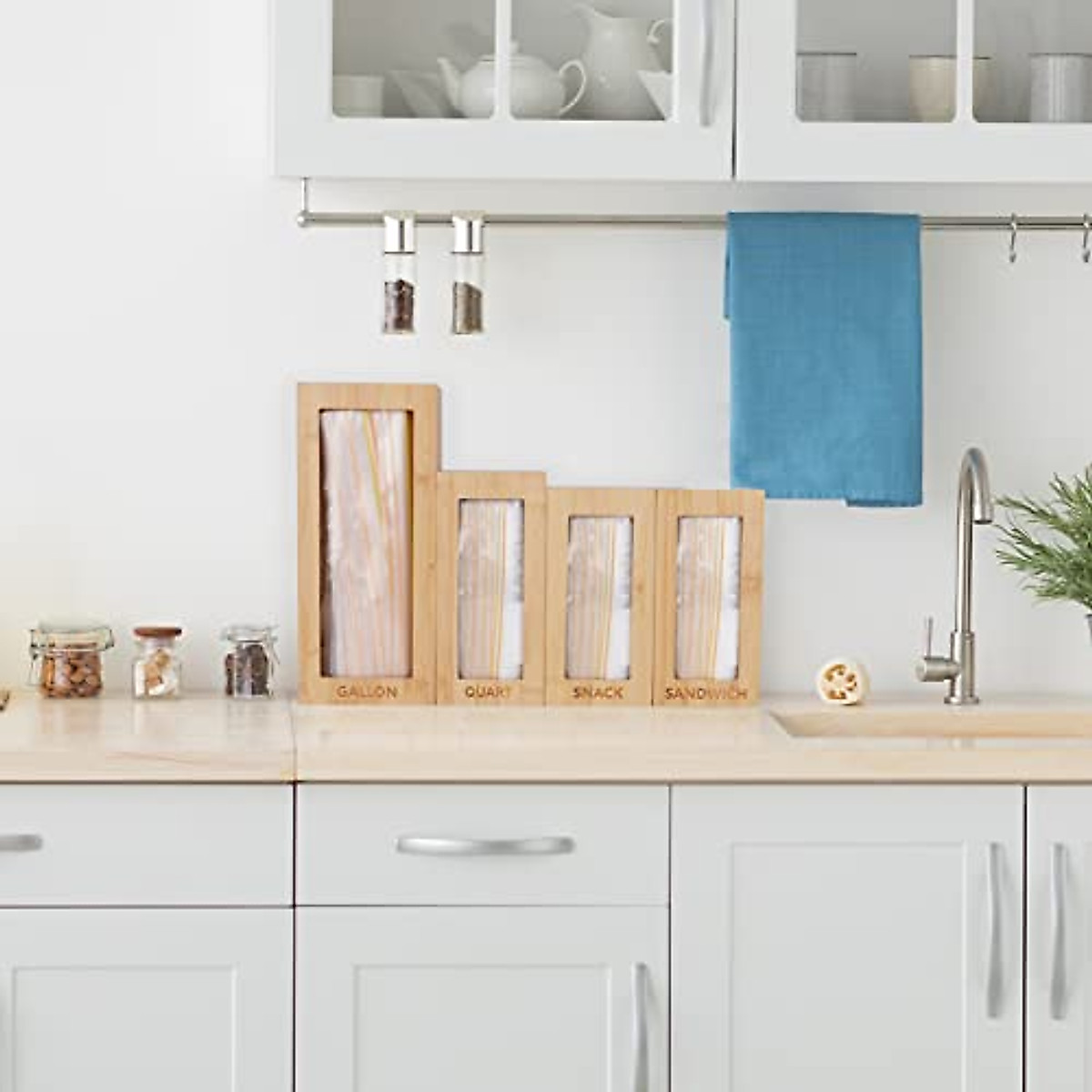 Set of 4 Bamboo Food Storage Bag Organizer with Non-Slip Pads for Gallon, Quart, Sandwich, Snack, Zipper and Slider Bags, Kitchen Drawer Organizer for Ziploc, Glad, Solimo, 365 by WFM, Hefty