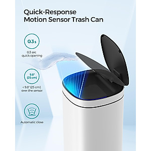 SONGMICS Motion Sensor Trash Can, 13 Gallon Automatic Kitchen Garbage Can, Multi-Colored Indicator Lights, Ozone Odor Control, Stay-Open Lid, Tall, Stainless Steel, White ULTB620W50