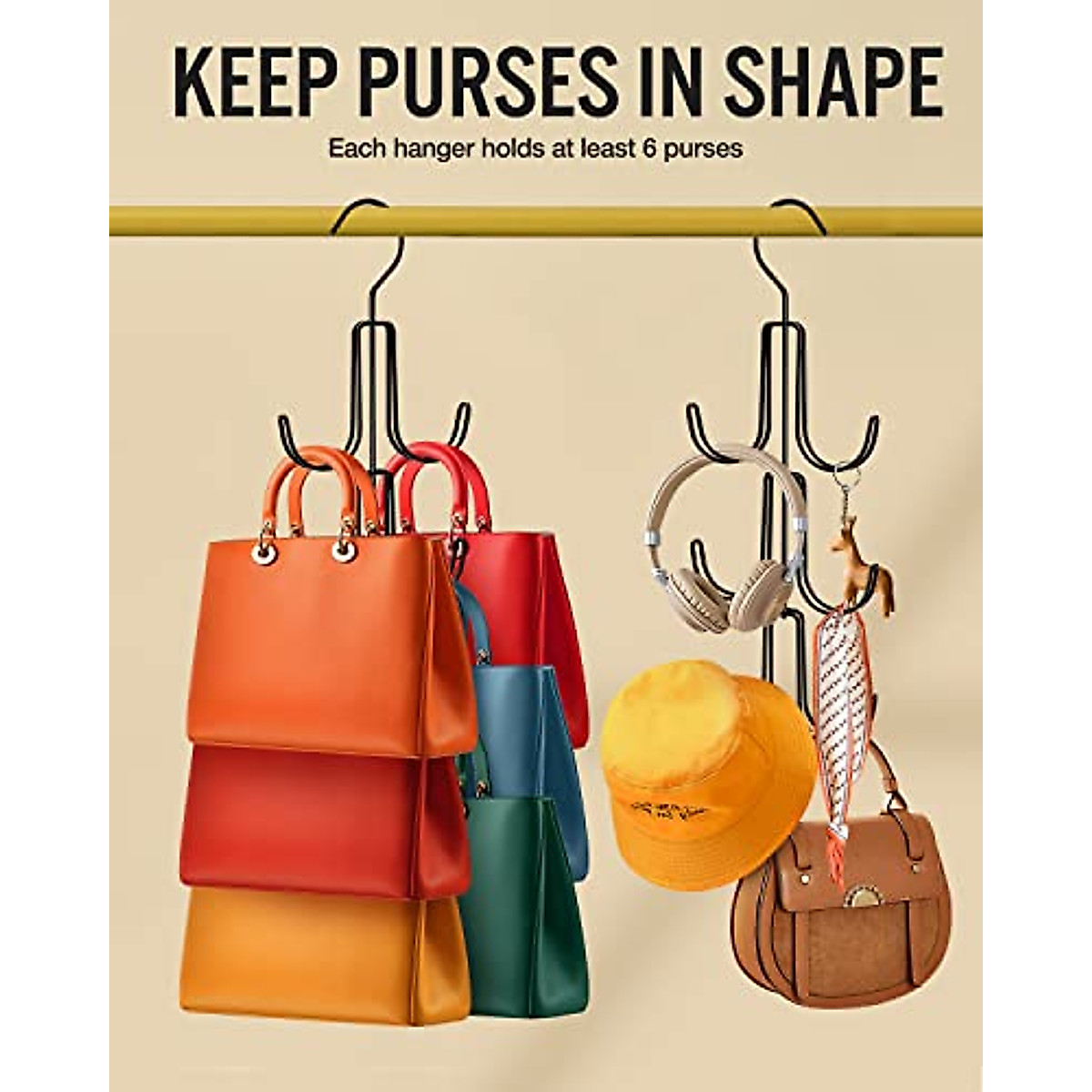 2Pack Purse Hanger Organizer for Closet Handbag Silver Metal Holder, Hanging Closet Organization Storage Scarves, Men's Ties, Women's Shawls, Backpacks, Belts, Accessories, Clothes (Black)