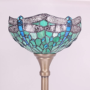 ZJART Tiffany Floor Lamp Torchiere Stained Glass Torch Lamp 12X12X67 Inch Antique Standing Corner Light (Green Dragonfly)