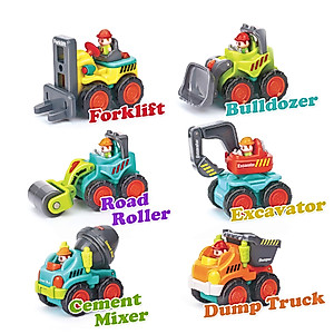6 Pieces Construction Vehicles Toy Trucks Set - Bulldozer, Cement Mixer, Dumper, Forklift, Excavator and Road Roller for Your Little Contractor - Push and Go Sliding Toys for Toddlers 18m+