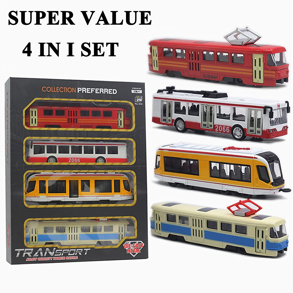 OTONOPI Toy Train Set Subway Bullet Train High Speed Locomotive Engine Die Cast Model Car for Kids Pack of 4
