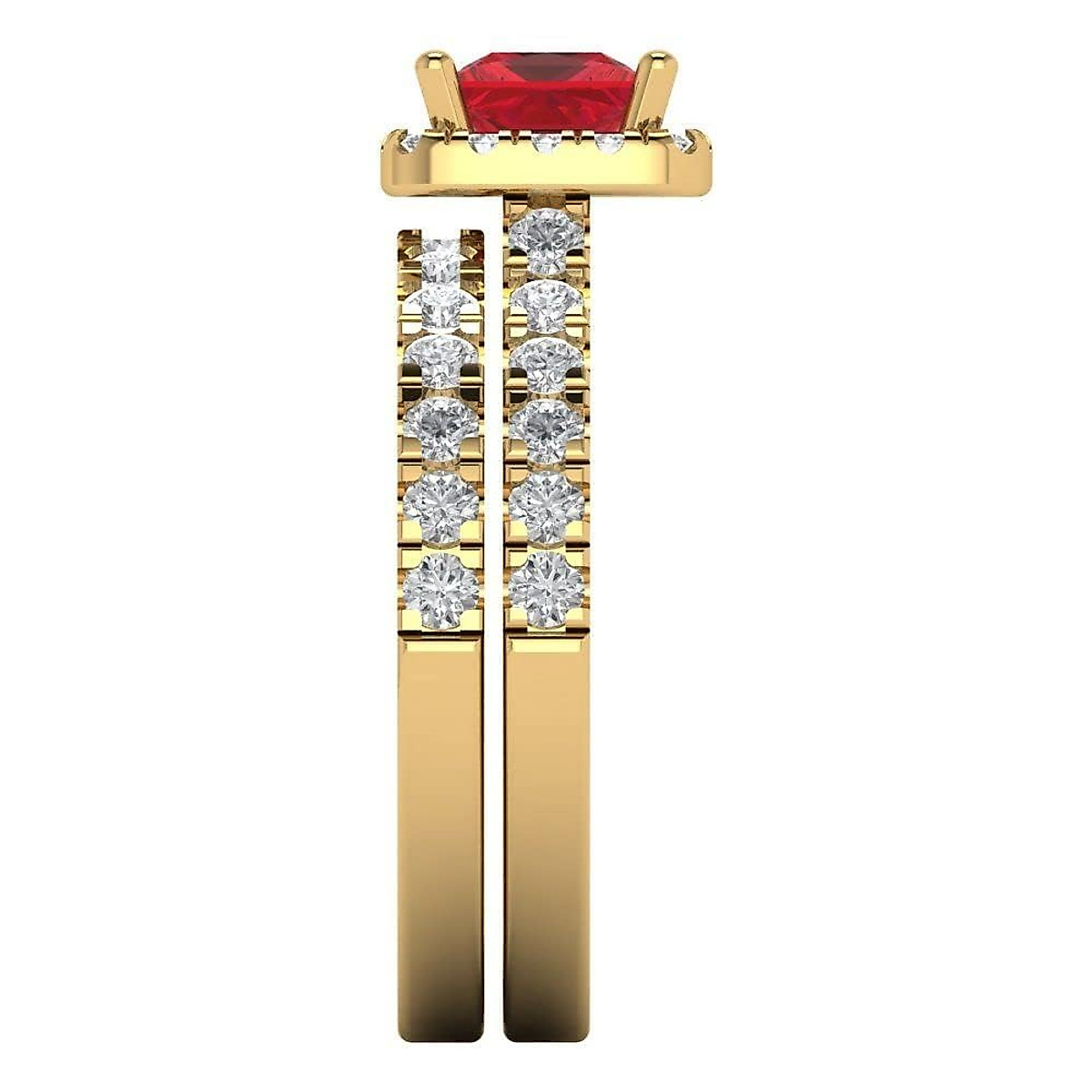 Clara Pucci 1.7 ct Princess Cut Halo Solitaire Simulated Ruby Designer Art Deco Statement Wedding Ring Band Set 18K Yellow Gold 3.5