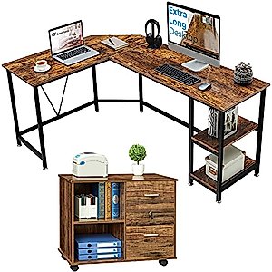 GreenForest L Shaped Corner Desk 65.7 inch with Storage Shelf and 2 Drawers File Cabinet Wooden Lateral File Cabinet with Open Storage Shelves