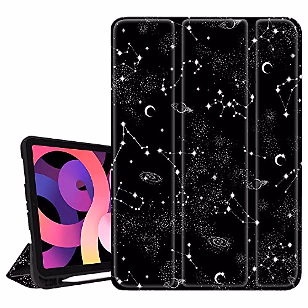 Hepix iPad Air 5th 4th Generation Case 2022 2020 Constellation, iPad 10.9 inch Case with Pencil Holder, Case for iPad Air 5/4 Case, Auto Sleep/Wake, Moon Star Space Trifold iPad 10.9 Cover, Black