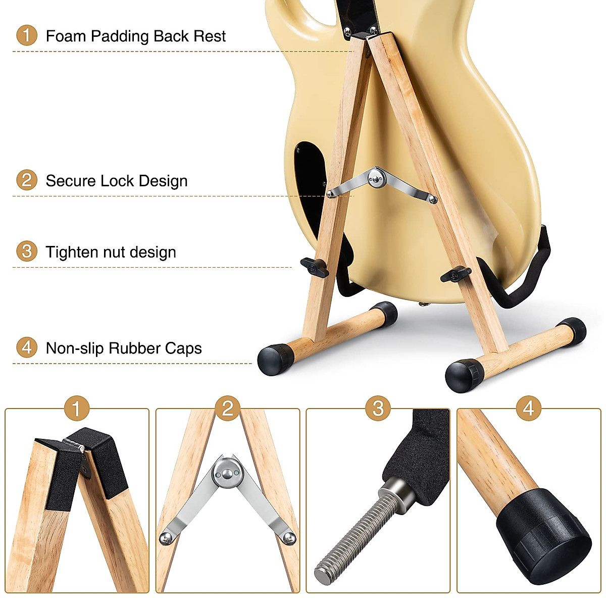 LEKATO Wood Guitar Stand, Acoustic Guitar Stand with Foam Padded, A-Frame Electric Guitar Stand for Bass, Cello, Mandolin, Banjo, Gifts for Guitar Players