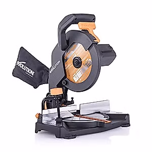 Evolution Power Tools R210CMS Compound Miter Saw, 8-1/4" Multi-Material Cutting TCT Blade Included Cuts Wood Metal Plastic & More, 45° - 45° Degree Miter & 45˚ Degree Bevel Angles, 1200W, 8-1/4"