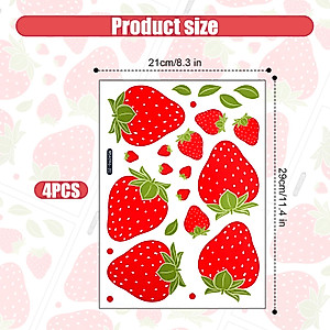 4 Sheets / 92pcs Strawberry Wall Decals, Removable Cute Fruit Wall Stickers for Girls Bedroom Dorm Dining Room Kitchen Bathroom Waterproof Decor