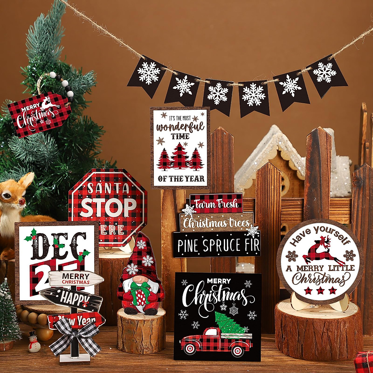 Dandat Christmas Tiered Tray Decor Winter Tiered Tray Decorations Set Snowman Snowflake Gnome Truck Xmas Tree Wooden Signs Farmhouse Christmas Table Decorations for Home Table Shelf (Buffalo Check)