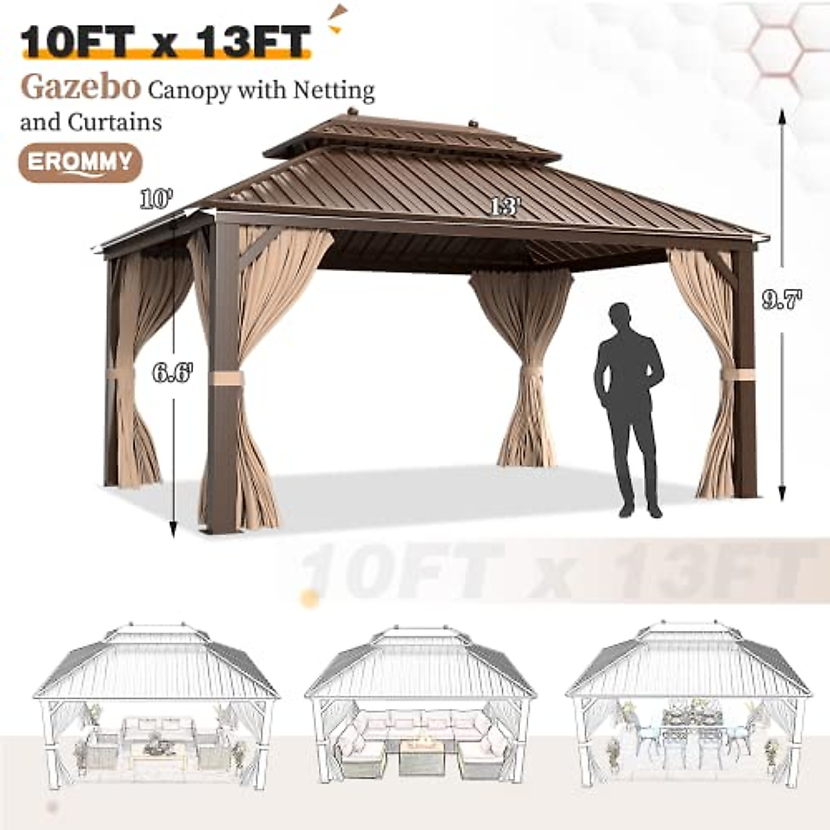 EROMMY 10'x13' Hardtop Gazebo Double Roof Galvanized Steel Canopy Outdoor Aluminum Frame Permanent Metal Pavilion with Netting and Curtains for Patio Backyard Deck and Lawns