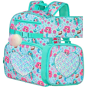 FTJCF 3PCS Backpack for Girls, 16" Cute Sequins Rainbow Kids Bookbag with Lunch Box, Elementary Preschool Kindergarten School Bag Set - Pink.