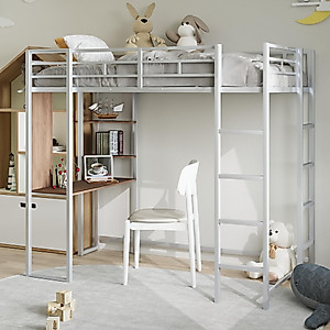 Merax Twin Metal Loft Bed with 2 Shelves and one Desk,Loft Bed Frame with 2 Built-in Ladders,12.2/'' H Safety Guardrail,Noise Free,No Box Spring Needed,Silver