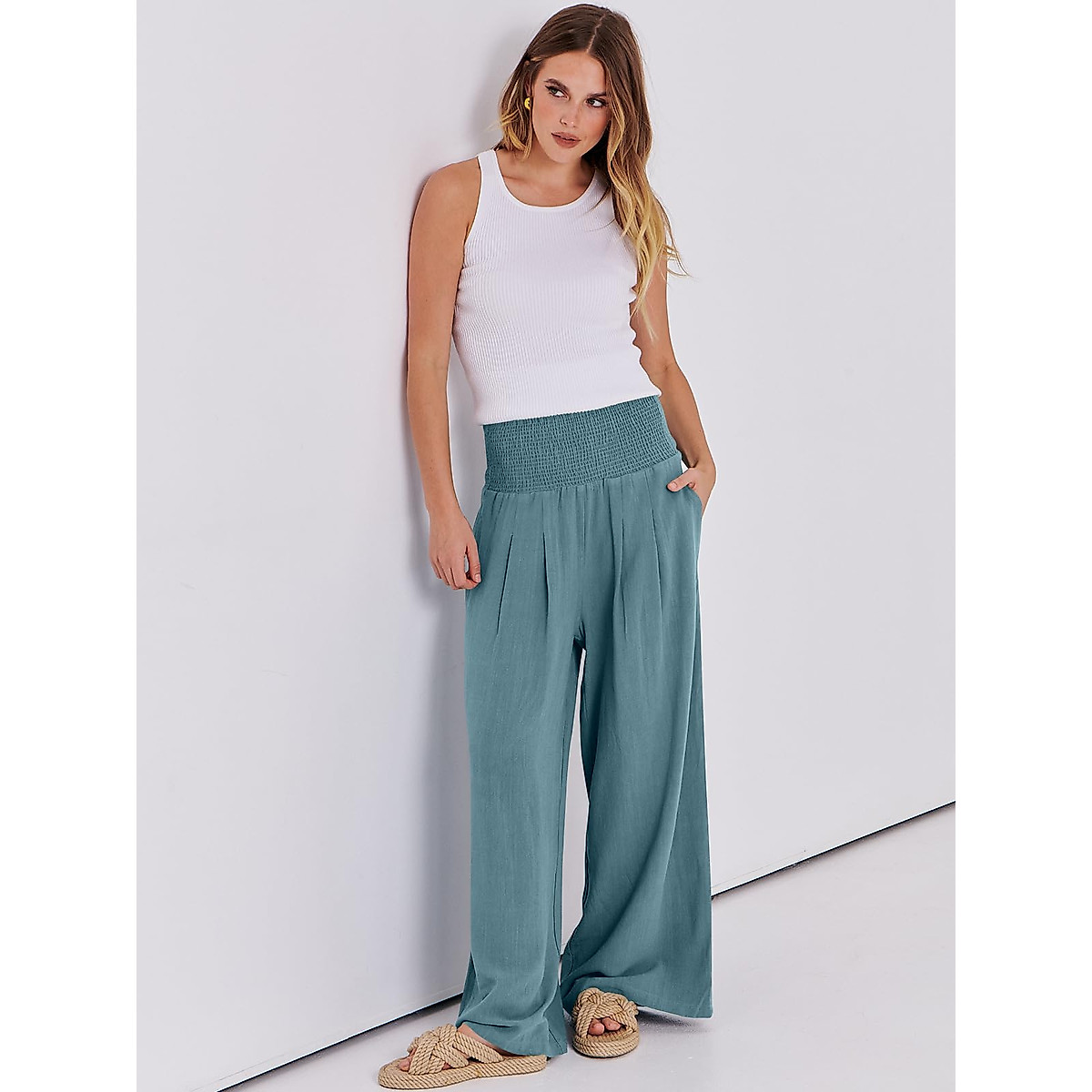 ANRABESS Women Linen Palazzo Pants Summer Boho Wide Leg High Waist Casual Lounge Pant 2025 Beach Travel Vacation Outfits Lake Small