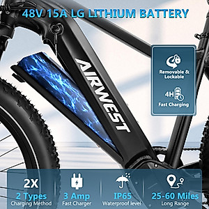 airwest Electric Bike, 750W Bafang Motor 28MPH Ebikes for Adult, 26" Fat Tire Electric Bicycle with Removable 48V 15Ah LG Battery & Fast Charger, Shimano 7-Speed, Lockout Fork Electric Mountain Bike