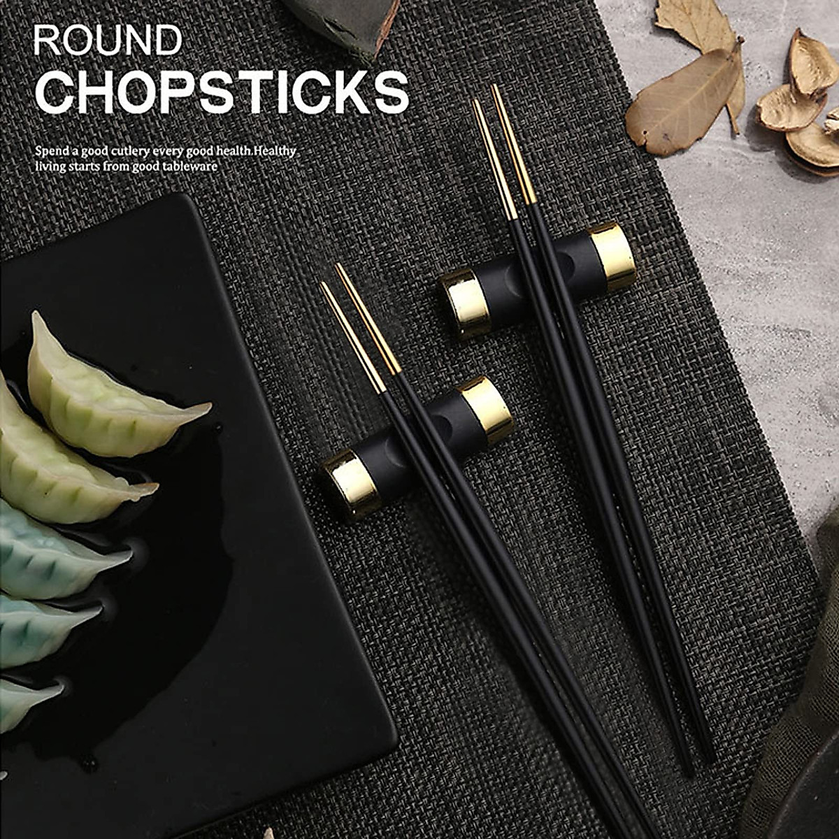 Chanjiso Creative Metal Chopsticks,5 Pairs 304 Stainless Steel Japanese Pointed Sushi Tableware Non Slip Chopsticks Gift… (Five black gold heads)