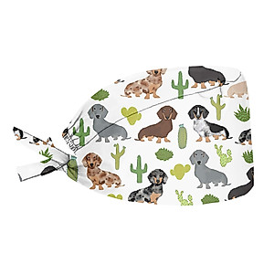 JoyLamoria Lovely Dachshund and Cactus Print Adjustable Cap with Sweatband, Tie Back Hat Hair Covering Cap for Men Women