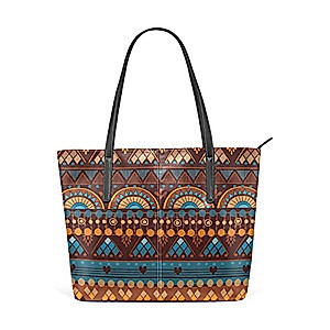 Leather Tote Bag for Women with Zipper Handbags Shoulder Bag African Print Geometric Ethnic Brown Pockets Work Travel Small Office Business