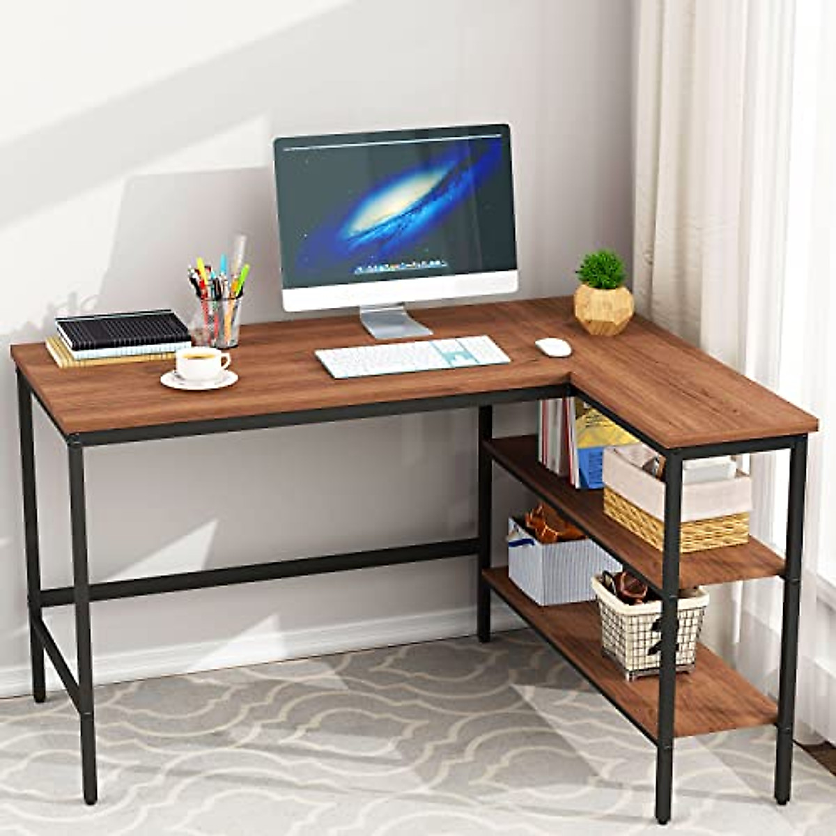 POINTANT L-Shaped Desk Computer Gaming Desk Home Office Desk Reversible Corner Desk with Storage Shelves, Study Writing Table Workstation for Home Office Small Space 46''