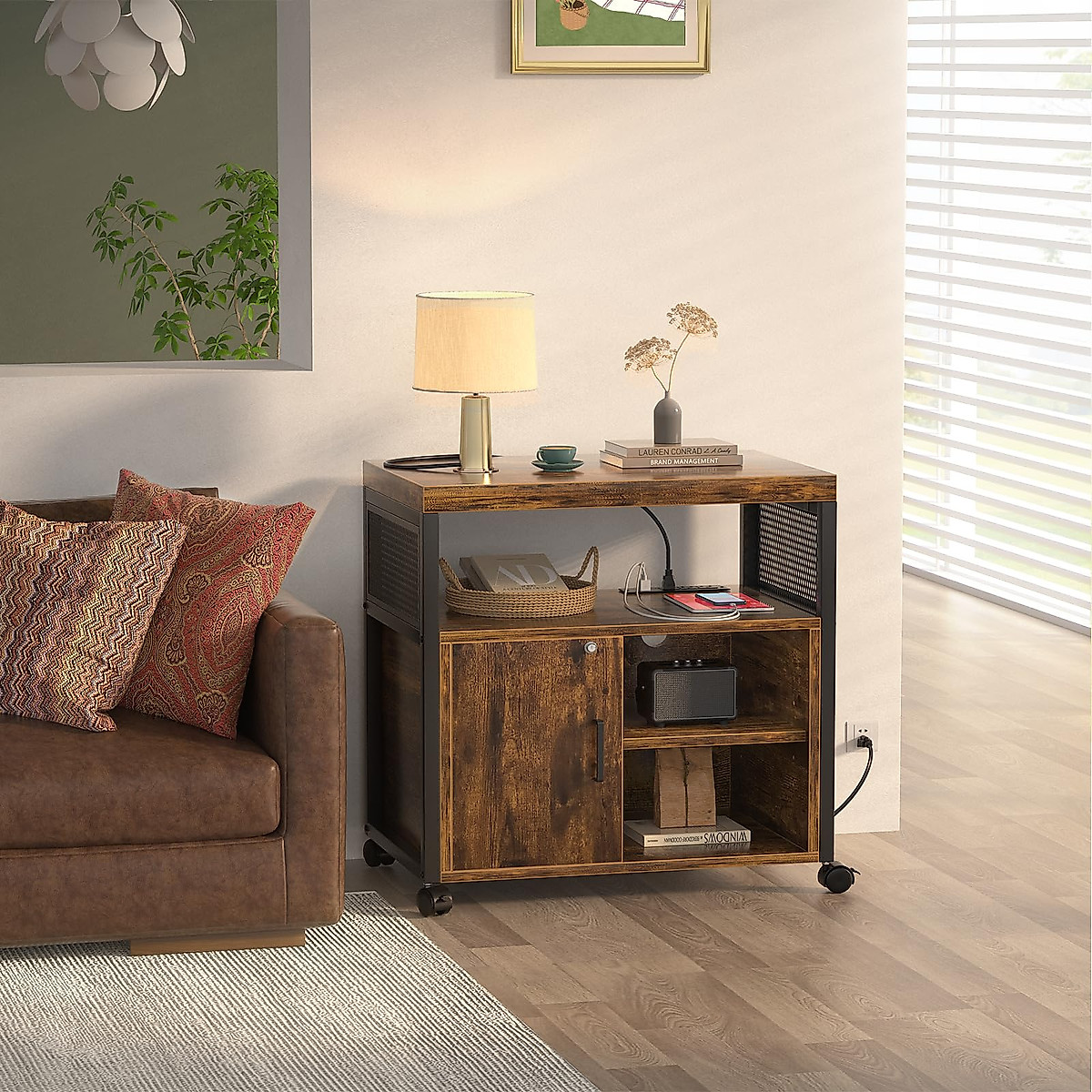 Unikito Lateral File Cabinet, Locking Office Filing Cabinets with Socket and USB Charging Port, Modern Rolling Printer Stand with Storage for A4, Letter Size and File Folders, Rustic Brown