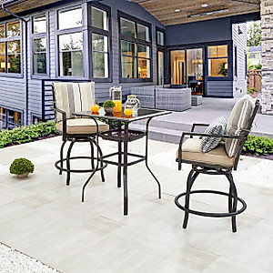 LOKATSE HOME Bar Outdoor Bistro Set Balcony Height Patio Furniture Hightop Stools Counter Swivel Pub Chairs with Glass Top Table, Beige
