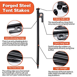 8/10/12/16in Tent Stakes and Hammer Set, 8pcs Heavy Duty Forged Steel Tent Stakes + Camping Hammer + Storage Pouch, Available in Rocky Place(8pcs 10in Stakes and Hammer)