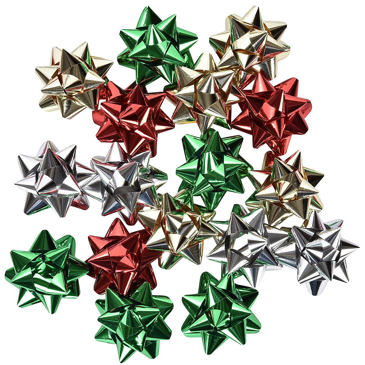 120 Christmas Bows Self Adhesive for Presents Wreaths Wrapping Holiday Gifts Includes Large Medium Small and Mini Sizes in Red Green Silver and Gold 24 of 4", 30 of 3", 30 of 2",and 36 1" Bows