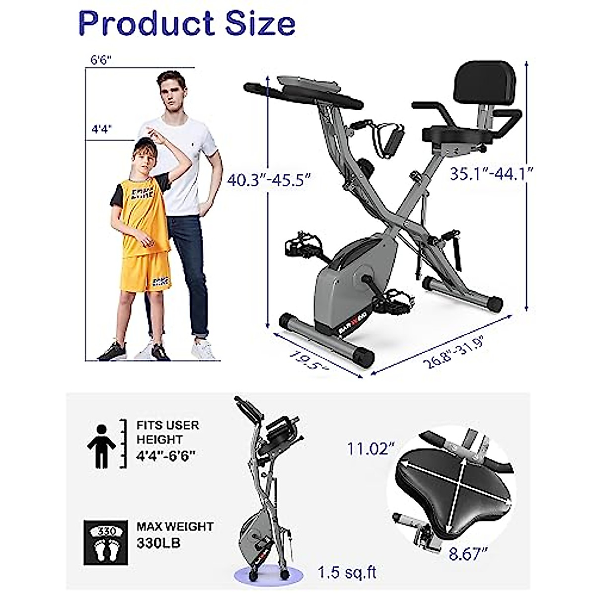 KURONO Stationary Exercise Bike for Home Workout | 4 IN 1 Foldable Indoor Cycling Bike for Seniors | 330LB Capacity, 16-Level Magnetic Resistance, Seat Backrest Adjustments