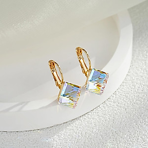 Cube Austrian Crystal Drop Leverback Earrings for Women Fashion 14K Rose Gold Plated Hypoallergenic Jewelry (Aurora Boreali)