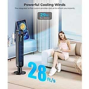 Azonanor Tower Fan for Bedroom, 90° Oscillating Standing Bladeless Fan with Remote, 12H Timer, 3 Speeds Max 28ft/s, 3 Modes, LED Display Floor Fans Works with Tuya/Smart Lift