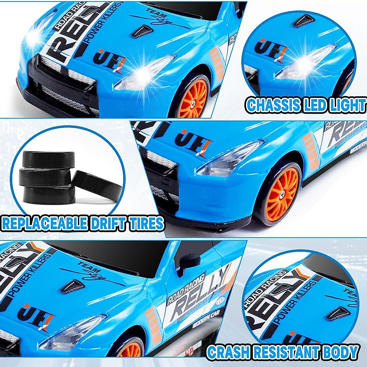 AGNEVE RC Drift Car 1:24 Scale RC Car with LED Lights Glow and Drifting Tires 2.4GHz Remote Control Car 4WD 14KM/h High-Speed RC Cars with 2 Rechargeable Batteries Boys Girls