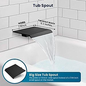 gotonovo 10'' Rain Shower Faucet System Rainfall Shower Head with Handheld Sprayer Waterfall Tub Spout Wall Mounted Mixer Combo Rough-in Valve and Trim Included 7.9 Inch Wide Spout Matte Black