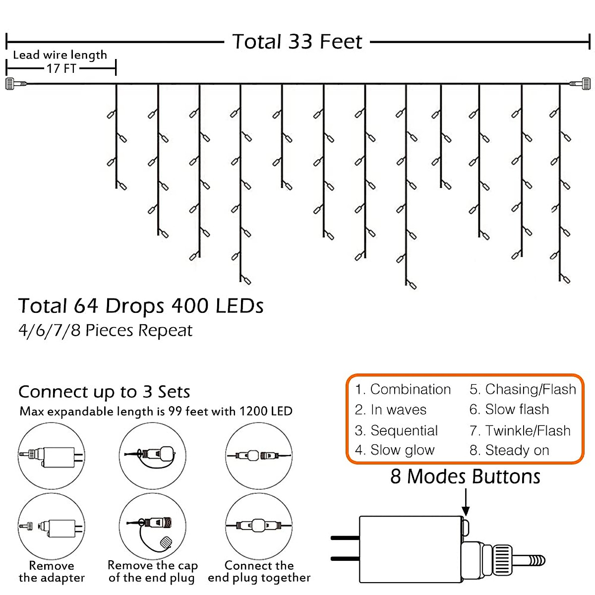 Christmas Icicle Lights Outdoor 33FT 400LED Outdoor Waterproof Holiday Decorations Lights with Remote Control, 8 Modes, Outside Christmas Lights for House, Porch, Eave, Garden Wall Decor (White)