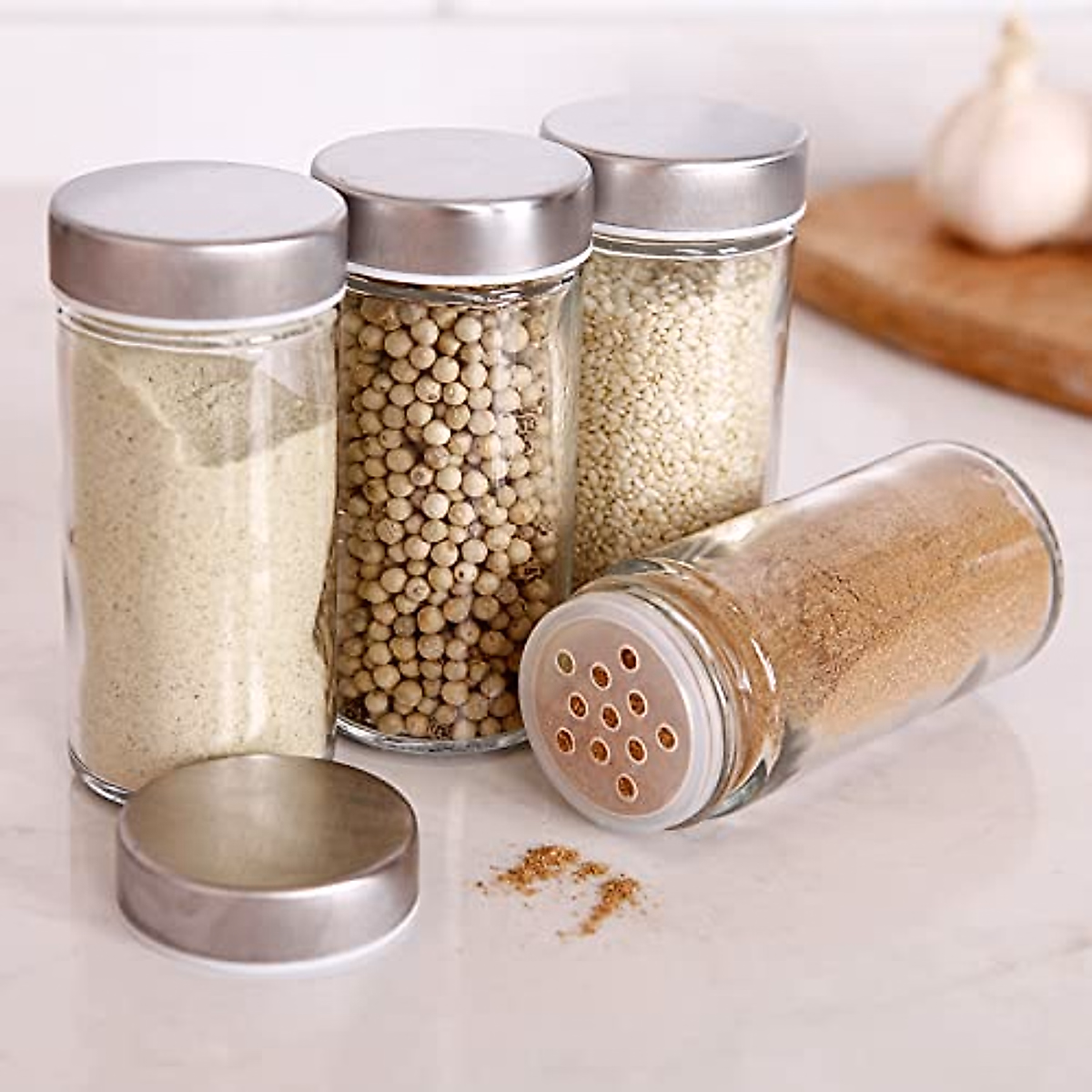 Tianifa 6 Pcs Glass Spice Jars/Bottles -3oz Empty round Spice Containers with Airtight Metal Caps with Shaker Lids (6, Stainless Steel Lids)