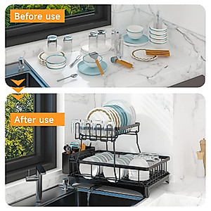 ACALANTHA Dish Drying Rack with Drainboard, Large Dish Racks for Kitchen Counter, 2 Tier Dish Holder with Silverware Drying Rack.(Black)