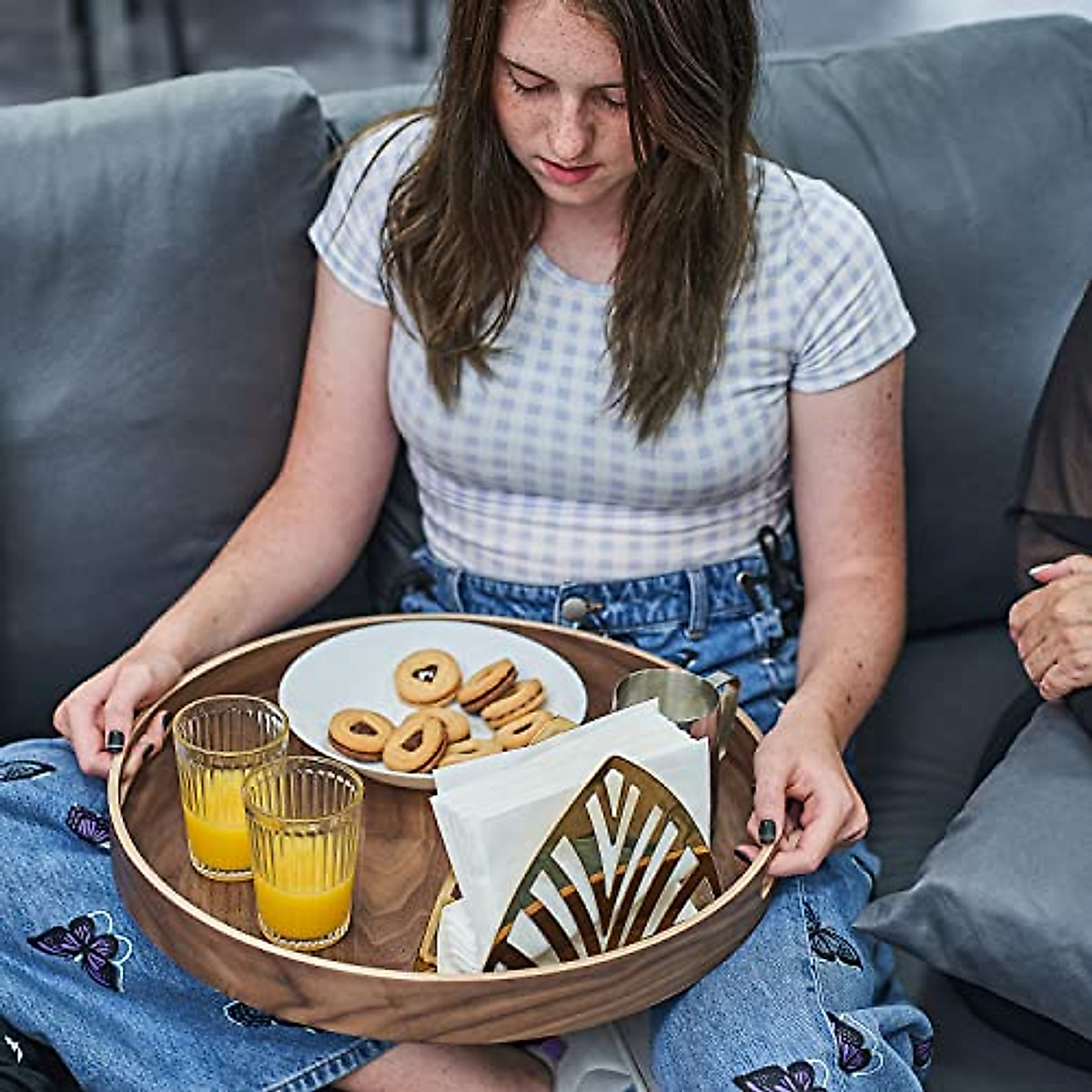urbanplus 16.5" Walnut Large Round Serving Tray with Handles, Large Round Ottoman Tray, Bed Tray, Wood Serving Tray for Eating, Food, Coffee, Breakfast, Afternoon Tea, Decoration
