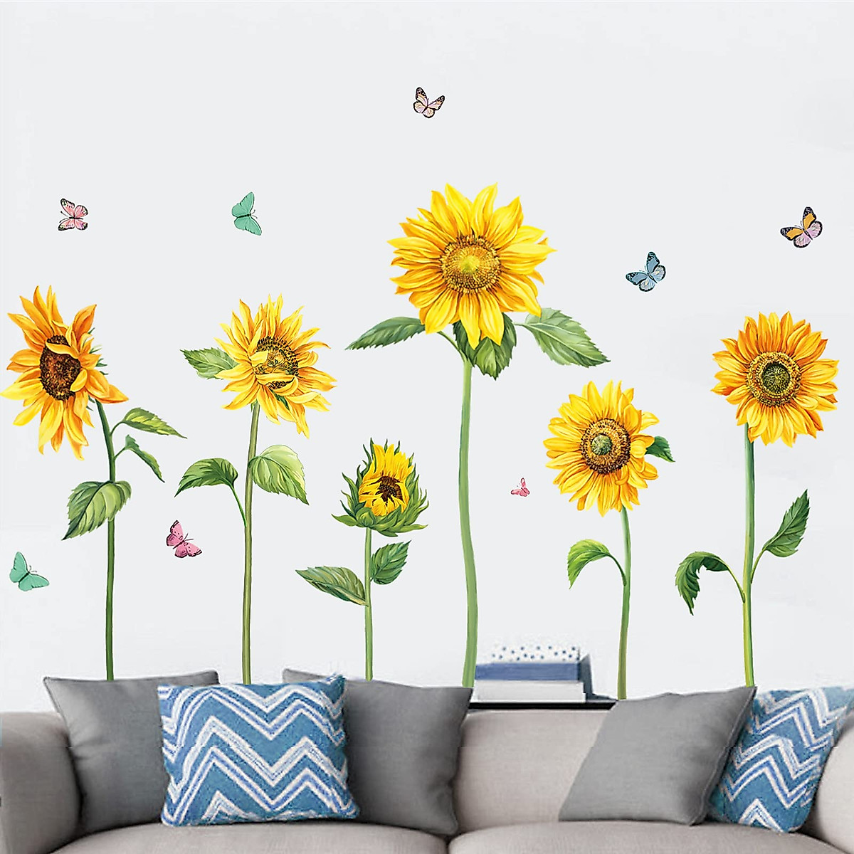 decalmile Large Sunflower Wall Decals Garden Flower Butterfly Wall Stickers Bedroom Living Room Home Office Background Wall Decor