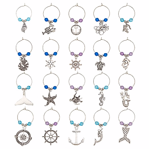 BENECREAT 20Sets Beach Theme Wine Glass Charm, Nautical Mermaid Boat Rudder Starfish Turtles Conch Alloy Drink Markers Tags Identification for Stem Glass Wine Tasting Party