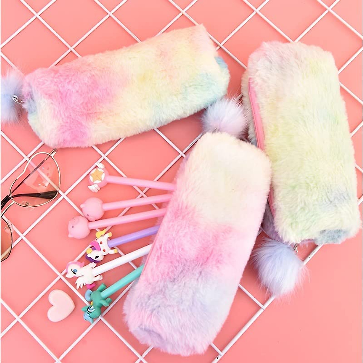 Plush Rainbow Pencil Case for Girls Fluffy Pencil Case Cute Rainbow Pencil Holder Soft Pencil Case Fluffy Pencil Bag Makeup Pouch Colored Storage Bags Large Capacity School Supplies for Kids