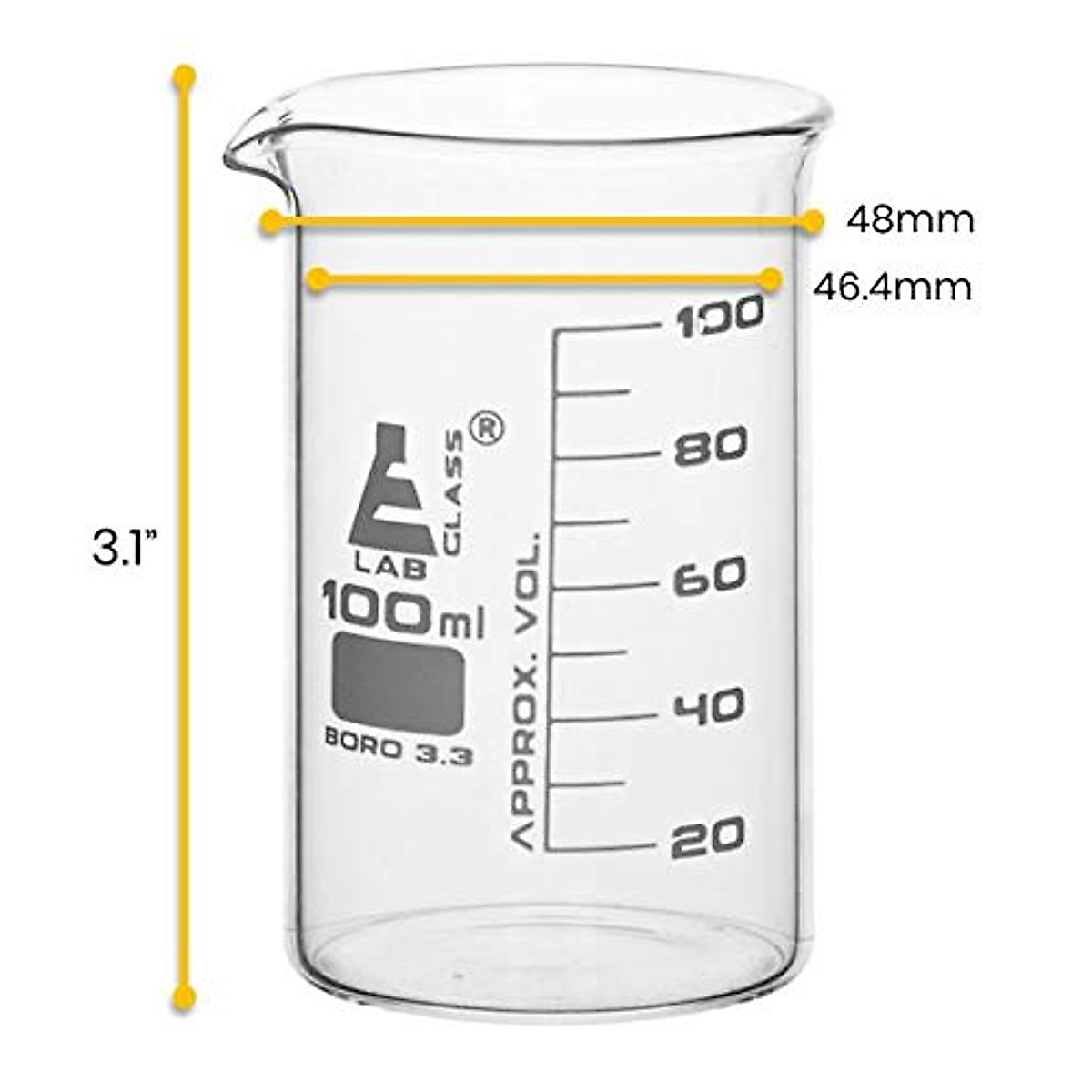 EISCO Beaker, 100ml - Tall Form with Spout - White, 10ml Graduations - Borosilicate 3.3 Glass